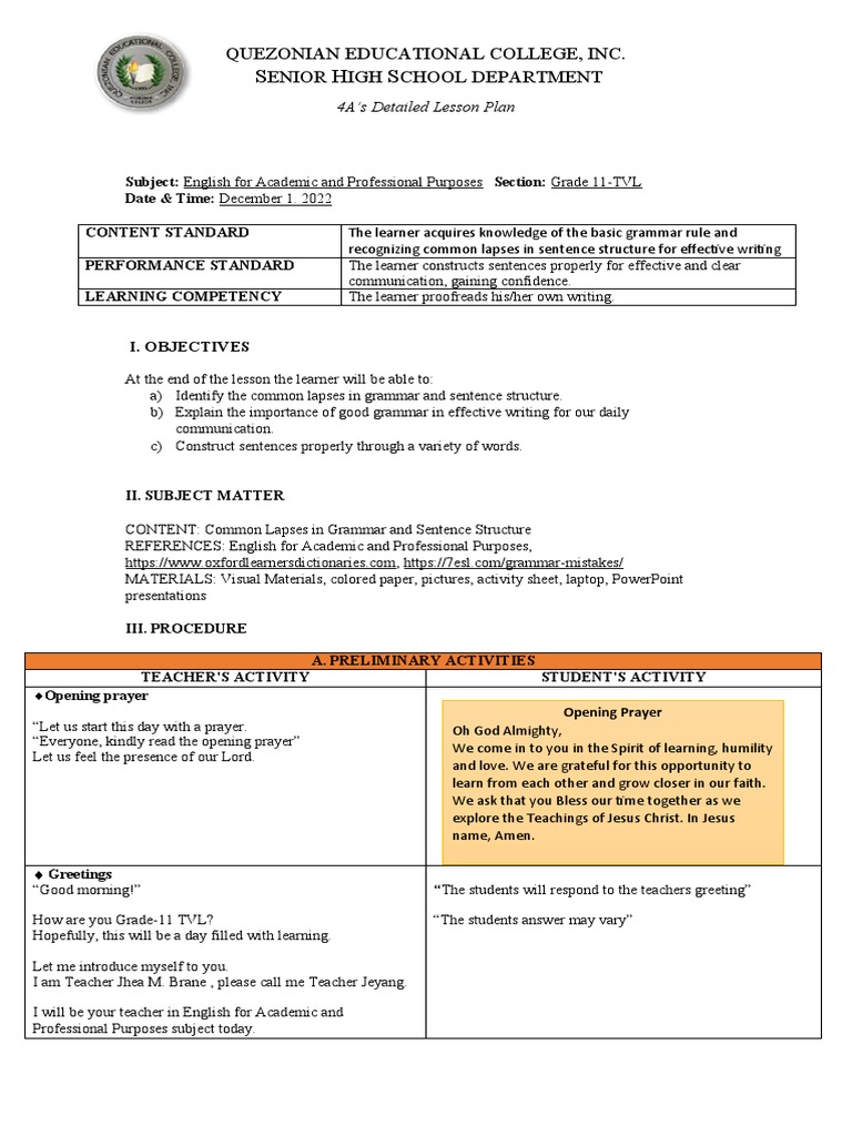 4a's Lesson Plan For Common Lapses in Grammar (EAPP) | PDF | Pronoun ...