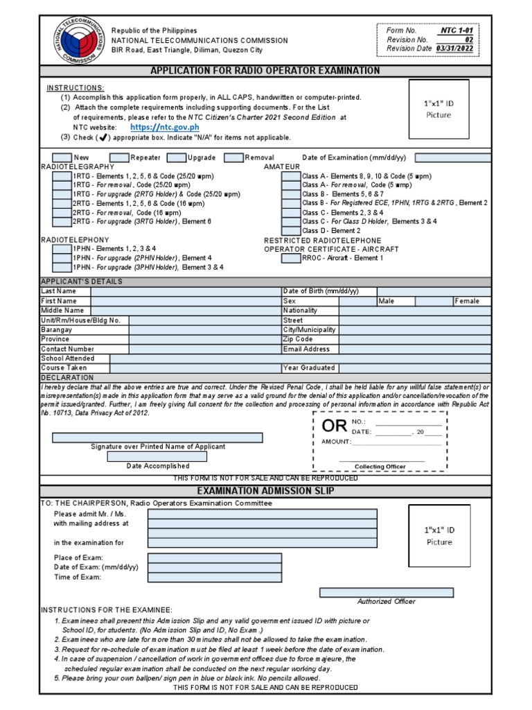 Form No NTC 1-01 APPLICATION FOR RADIO OPERATOR EXAMINATION | PDF