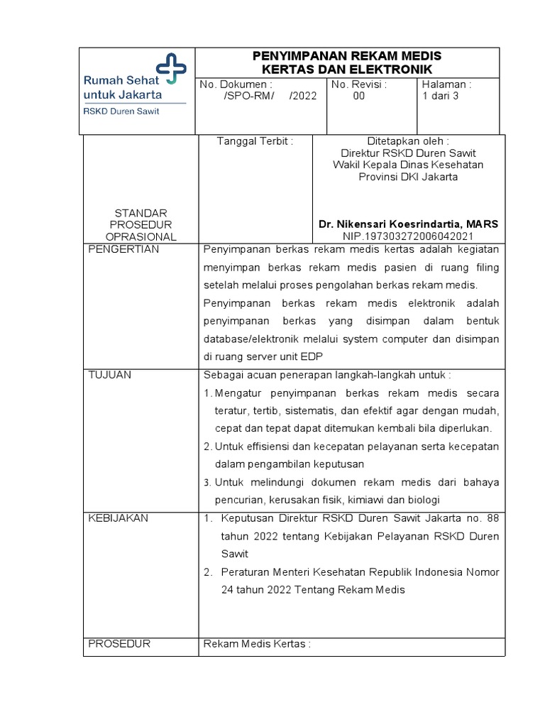 Spo Penyimpanan Rekam Medis Kertas Dan Elektronik | PDF