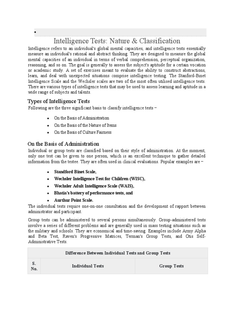 Classification of Intelligence Test | Download Free PDF | Wechsler ...