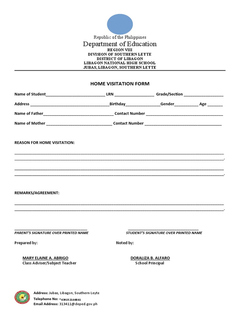 Home Visit Form | PDF | Social Institutions