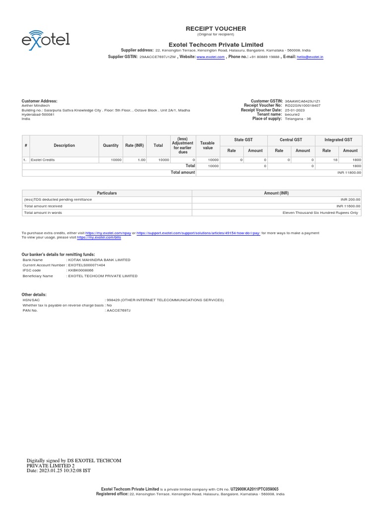 Exotel Rechrage (25-Jan-23) (11600) | PDF | Receipt | Banks
