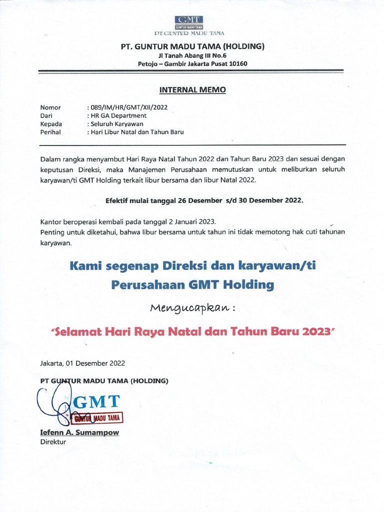 Internal Memo - Libur Natal 2022 & Tahun Baru 2023 | PDF