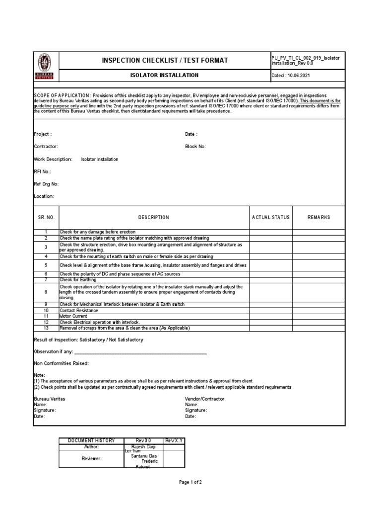 Electrical Isolator Installation Checklist | PDF | Switch ...