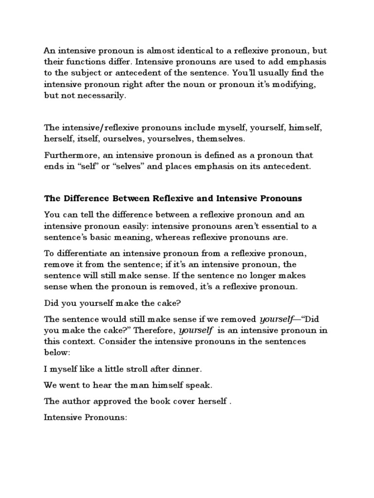 Intensive vs. Reflexive Pronouns Guide | PDF | Pronoun | Linguistic ...
