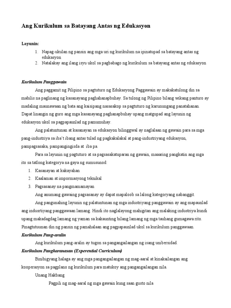 Ang Kurikulum Sa Batayang Antas NG Edukasyon | PDF