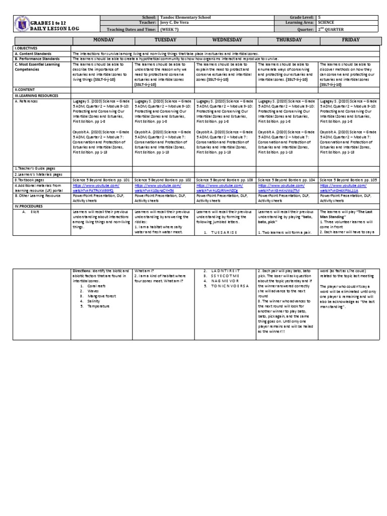 Grade 5 Science Daily Lesson Log | PDF | Habitat | Estuary