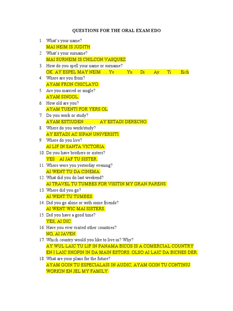 Questions For The Oral Exam Edo Basico | PDF
