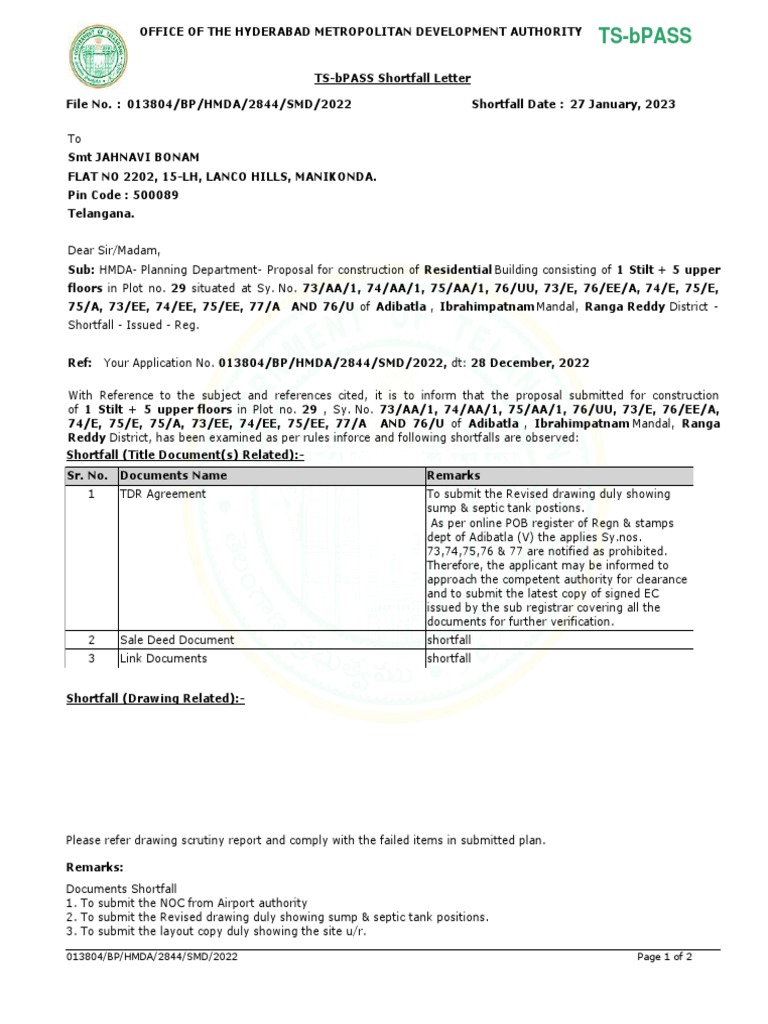 ShortfallLetter 1 013804 BP HMDA 2844 SMD 2022 | PDF