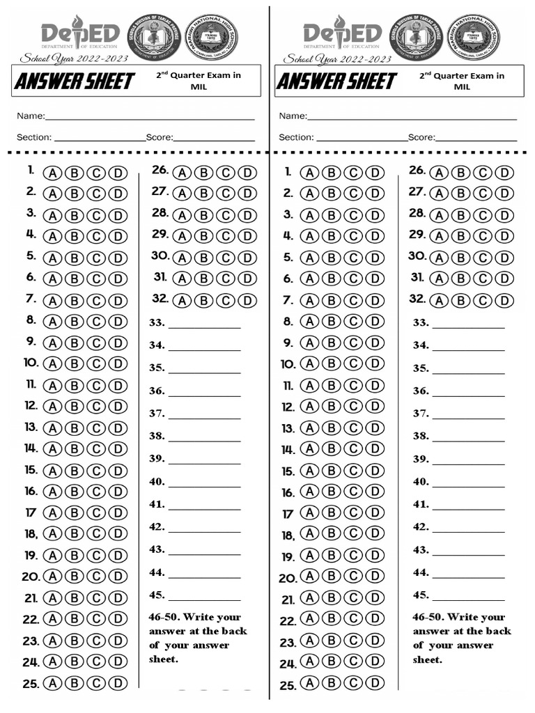 Answer Sheet 50 Itemss | PDF