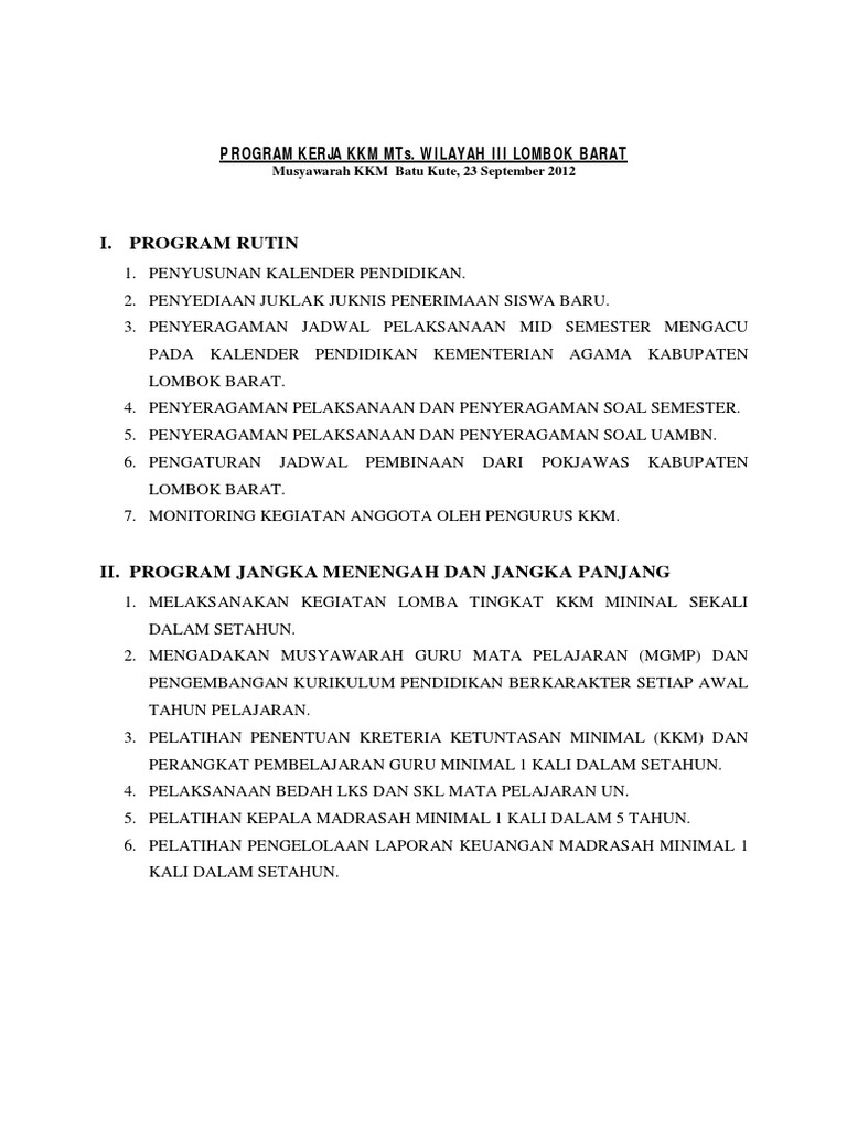 Rancangan Program Kerja KKM Mts | PDF