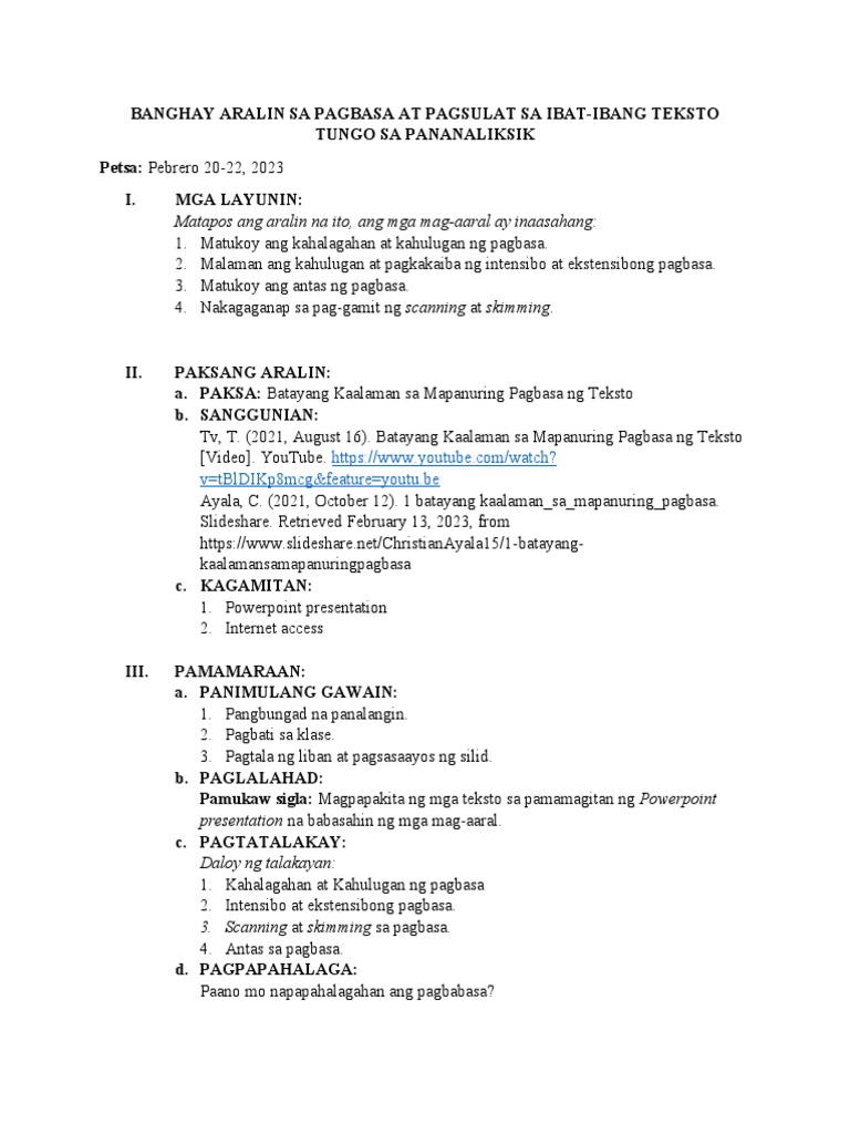 Banghay Aralin Sa Pagbasa at Pagsulat | PDF