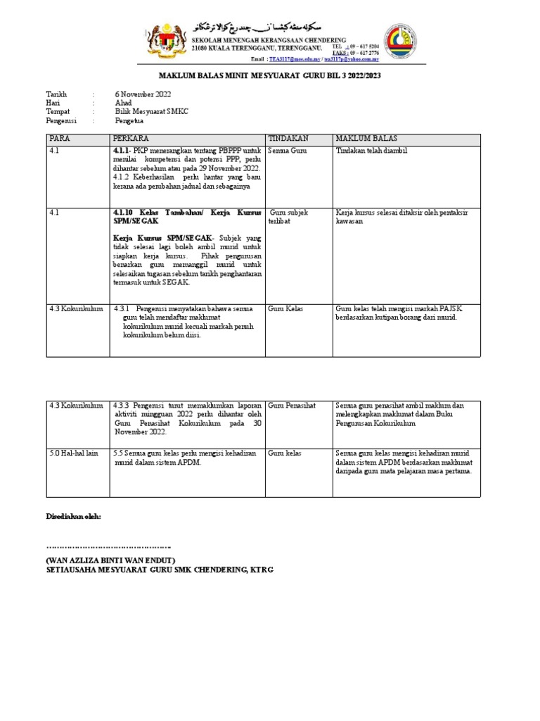 Maklum Balas Minit Mesyuarat 3 2022 2023 | PDF