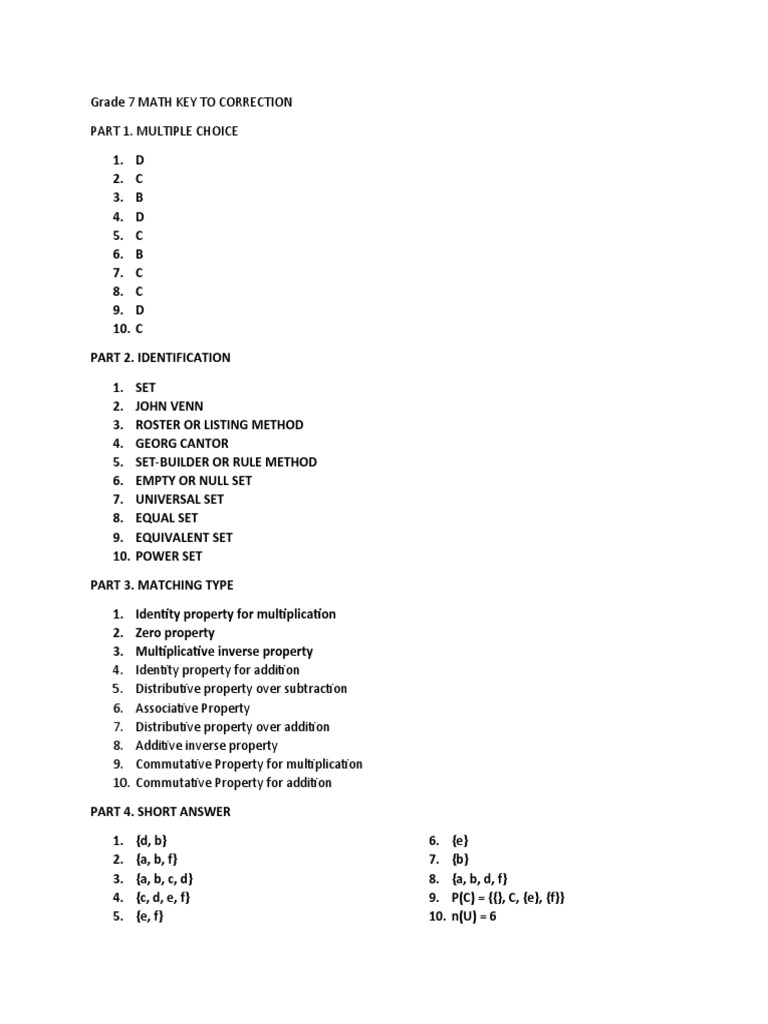 Grade 7 Math Answer Key Guide | PDF | Multiplication | Mathematics