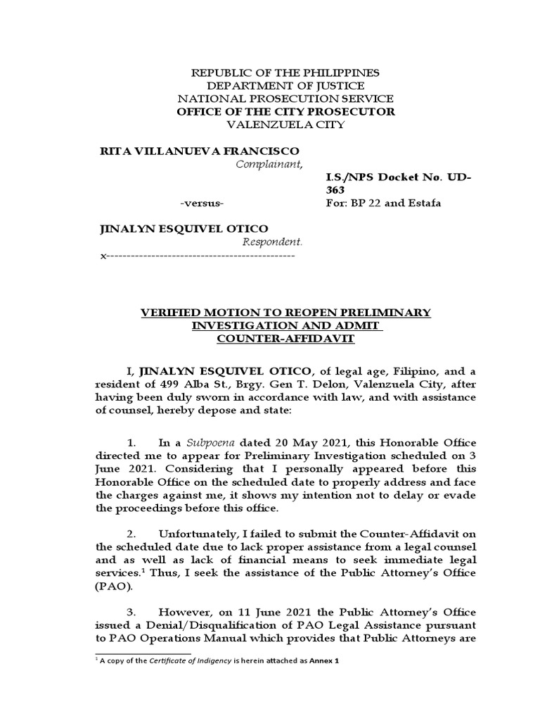 Motion to Reopen Investigation | PDF | Prosecutor | Affidavit