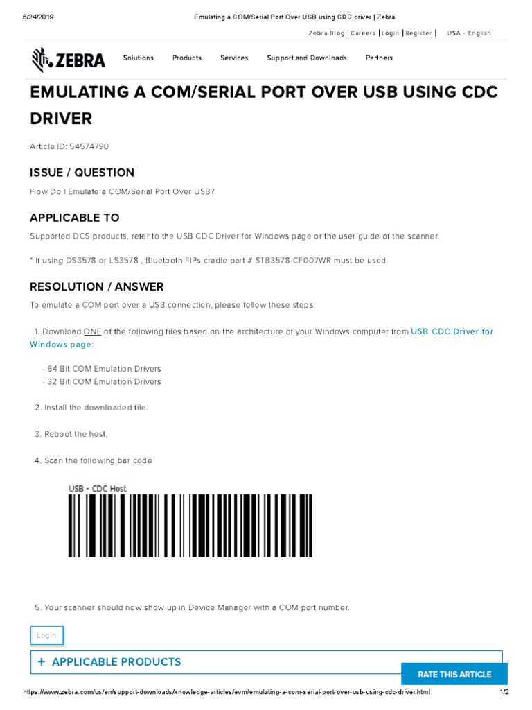 Emulating A COM - Serial Port Over USB Using CDC Driver - Zebra | PDF ...