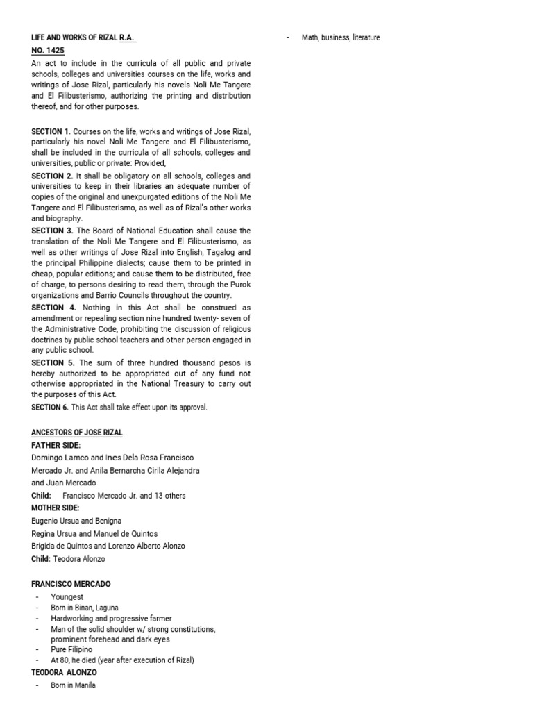 Life and Works of Rizal - Reviewer 1 | PDF | Philippines