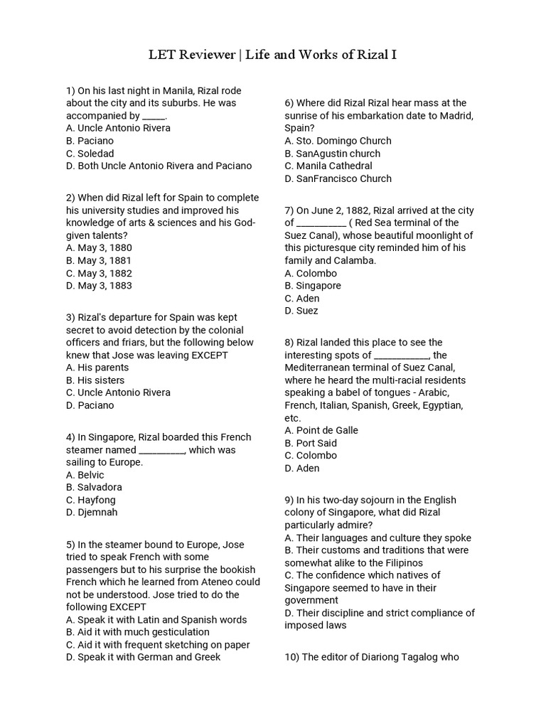 Life and Works of Rizal - Sample Test | PDF | Tagalog Language ...