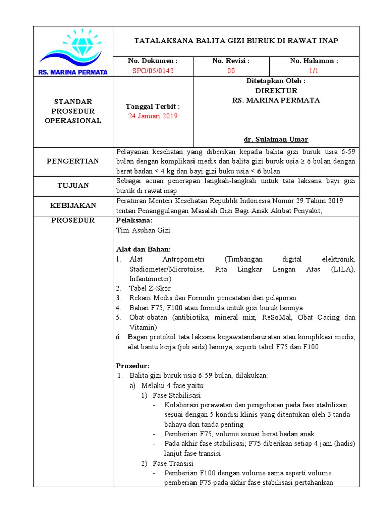 SPO Tatalaksana Balita Gizi Buruk Di Rawat Inap | PDF