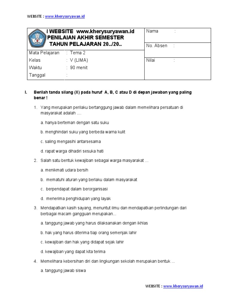 SOAL & Jawaban PAS KELAS 5 TEMA 2 Ver. 2 - WEBSITE WWW - Kherysuryawan.id | PDF