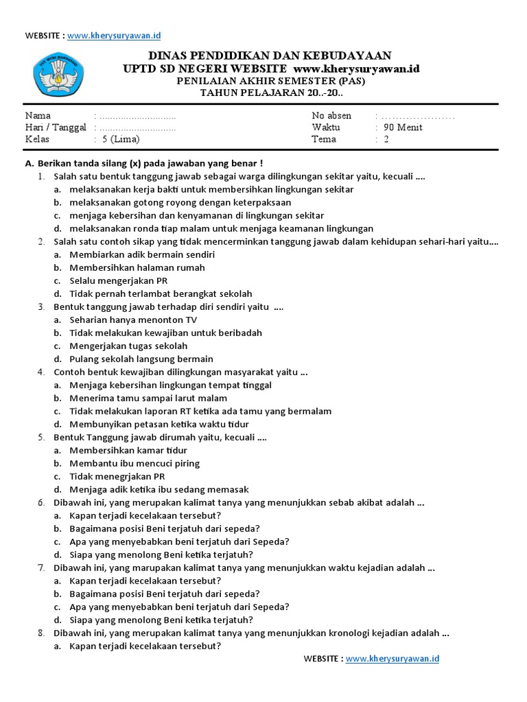 SOAL & Jawaban PAS KLS 5 TEMA 2 Ver. 1 - WEBSITE WWW - Kherysuryawan.id | PDF