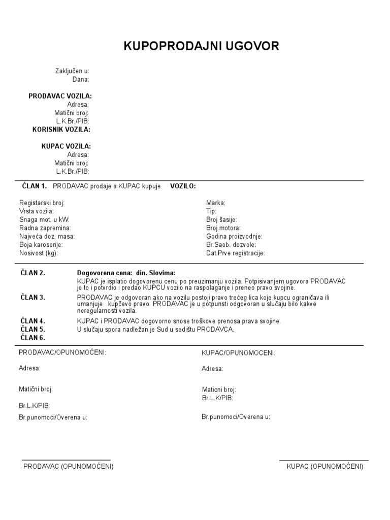 Kupoprodajni Ugovor Vozila | PDF