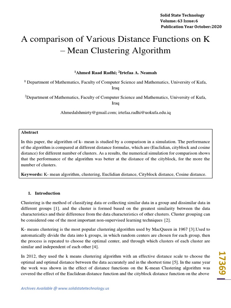 18 A Comparison of Various Distance Functions On K - Mean Clustering Algorithm | Download Free ...