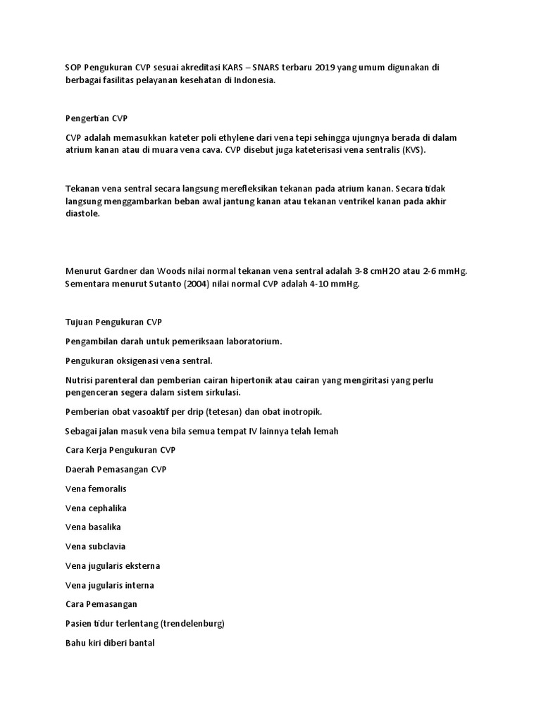 SOP Pengukuran CVP Sesuai Akreditasi KARS | PDF | Pengembangan Diri | Kesehatan Holistik