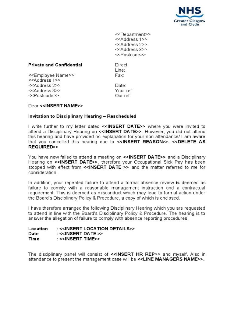 Template 6 Invite To Rescheduled Disciplinary Hearing Failure To Follow ...