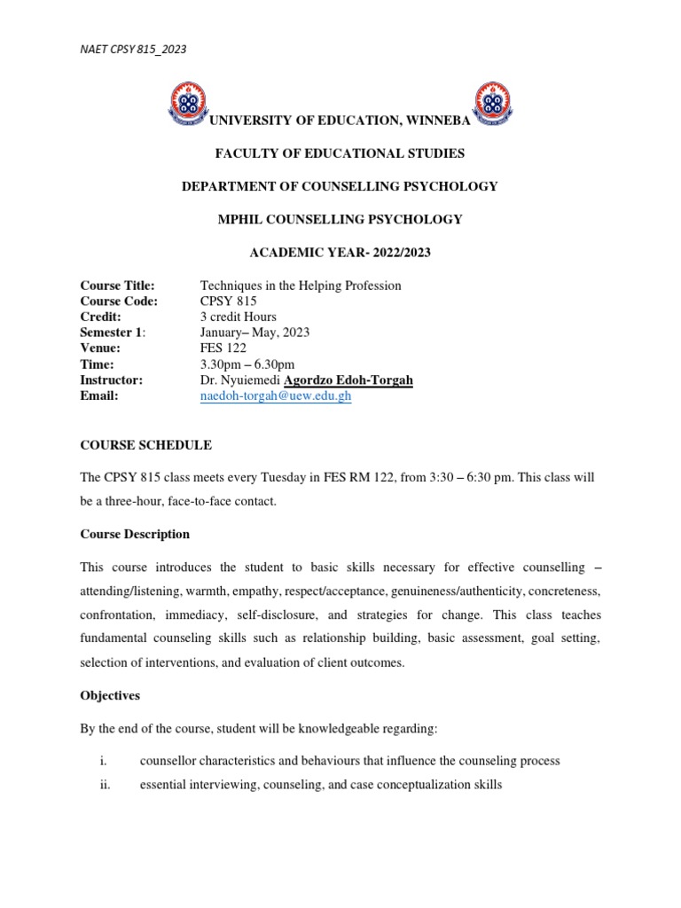 2023 Cpsy 815 Course Outline | PDF | Psychotherapy | Counseling Psychology