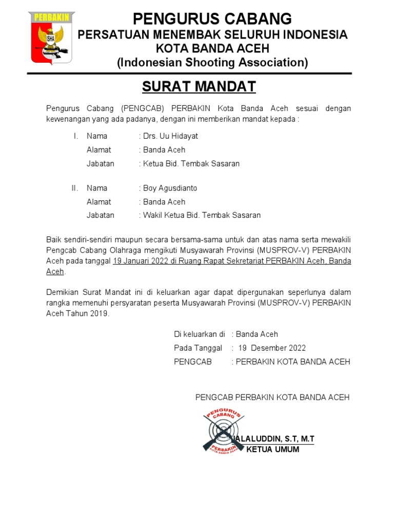 Surat Mandat Pengcab Mengikuti Musprov Perbakin Aceh Tahun 2023 | PDF