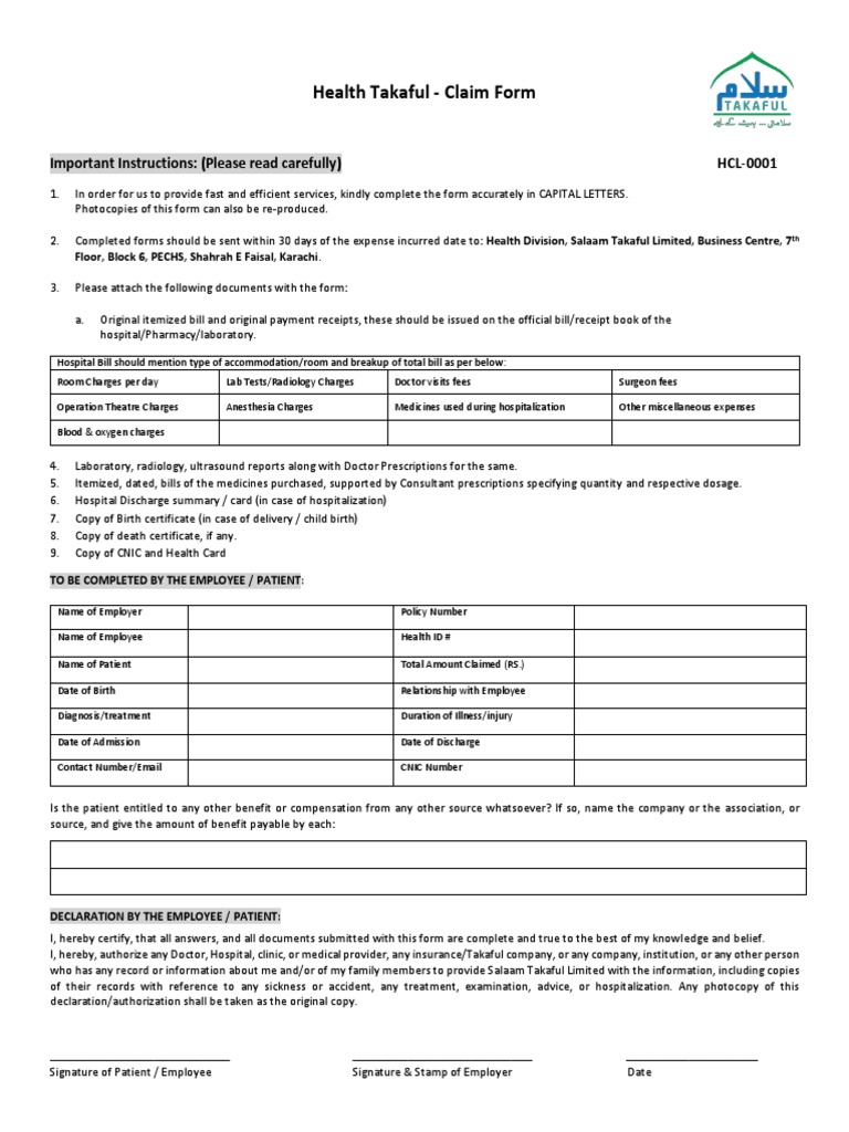 Claim Form-Salaam Takaful | PDF | Hospital | Patient