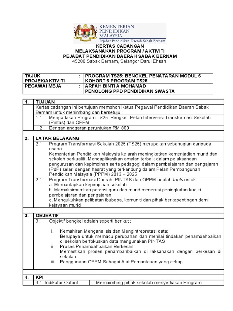 CONTOH Kertas Kerja Bengkel Pelan Intervensi Transformasi Sekolah ...