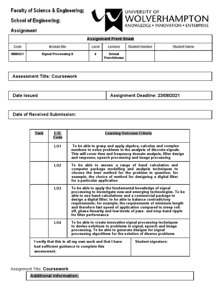 Assignment Front Sheet | PDF | Filter (Signal Processing) | Mathematical Analysis