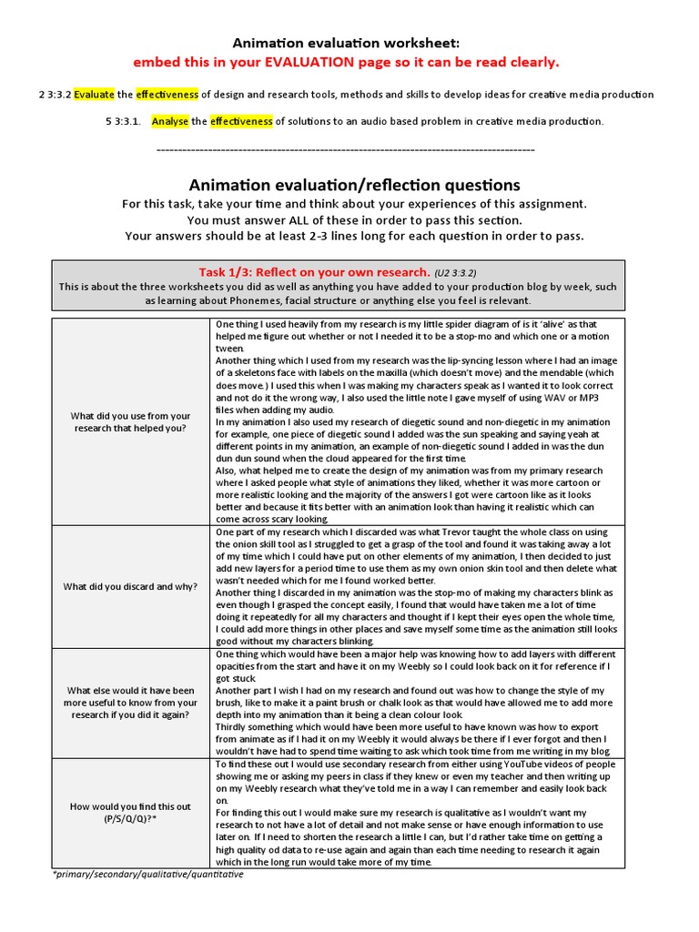 Animation Evaluation/reflection Questions: Embed This in Your EVALUATION Page So It Can Be Read ...