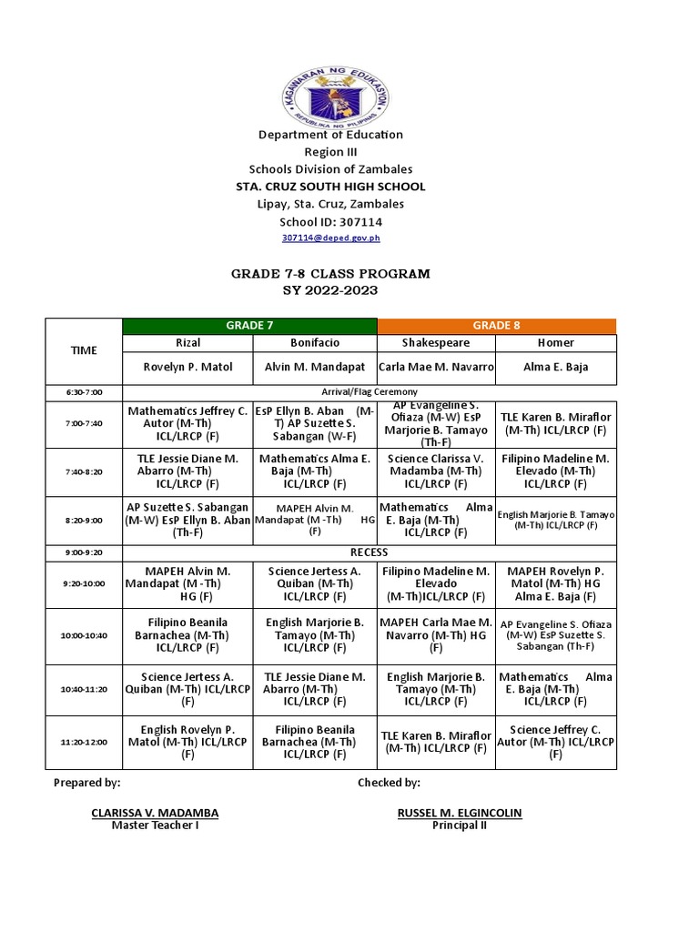 SCSHS Class Program 22 23 Shortened | PDF
