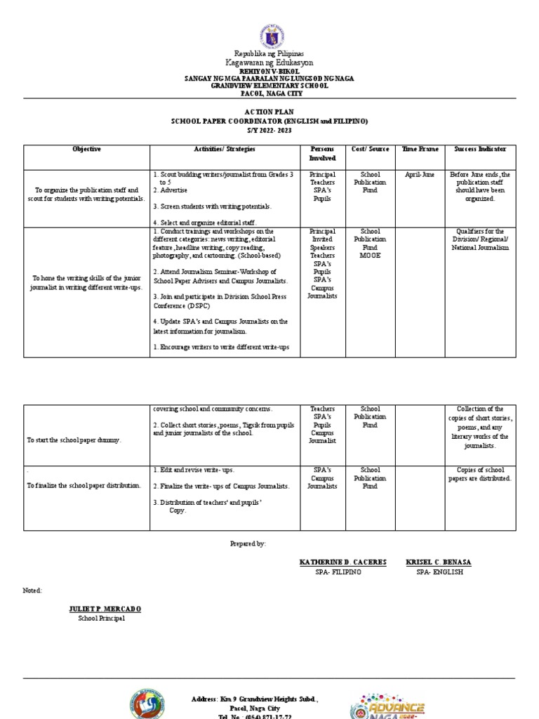 Action Plan in School Paper 2022-2023 | PDF | Public Sphere | Mass Media