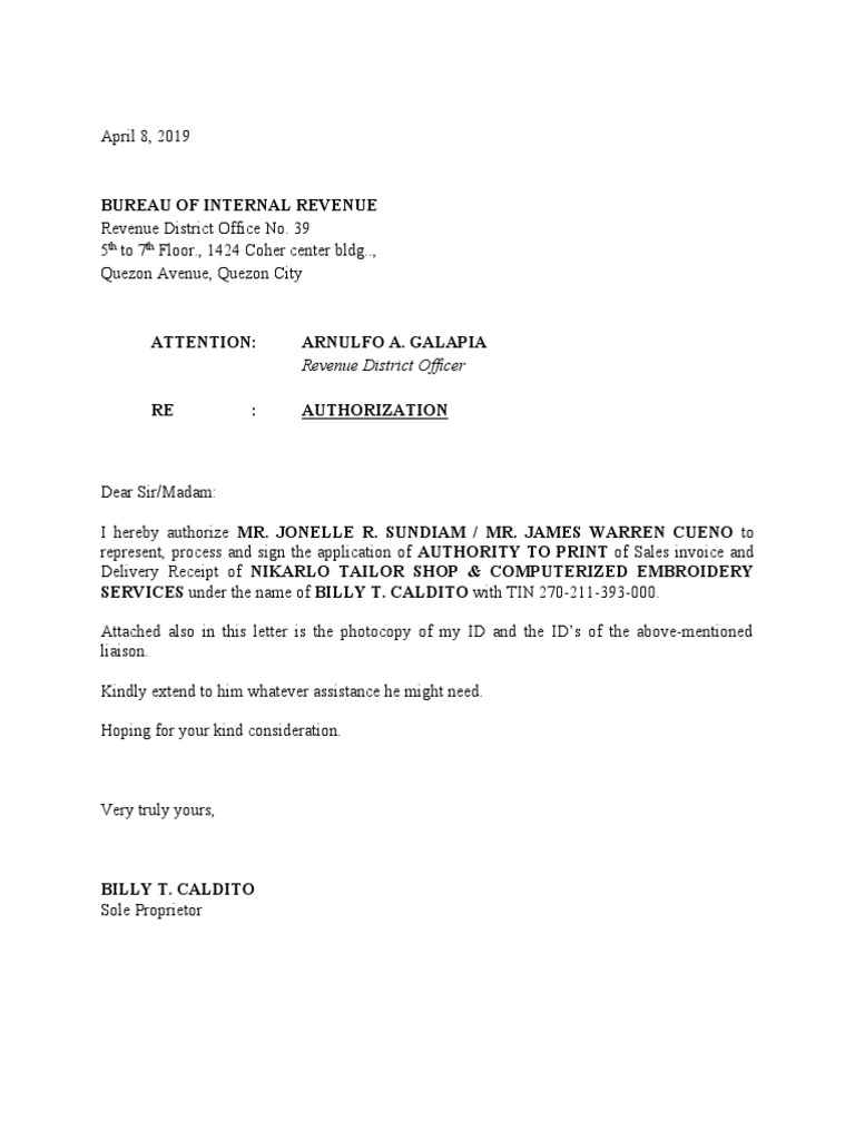 Authority to Print Invoice Authorization | PDF | Law