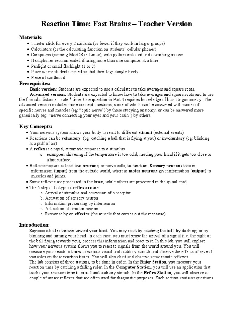 Reflex Lab - Teacher Version | PDF | Neuron | Mental Chronometry
