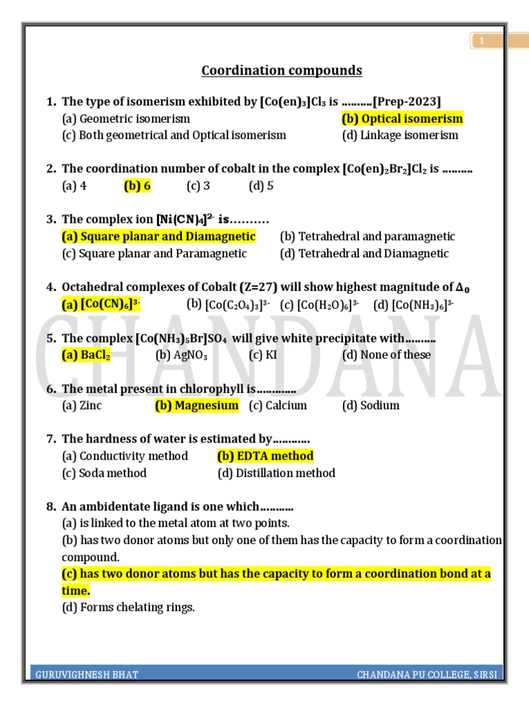 Coordination Compounds MCQs | PDF | Coordination Complex | Chemical Elements