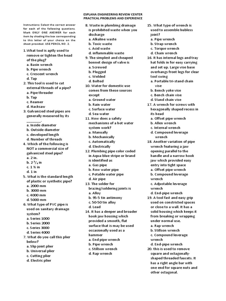 Plumbing Tools and Concepts Quiz | PDF | Plumbing | Pipe (Fluid Conveyance)