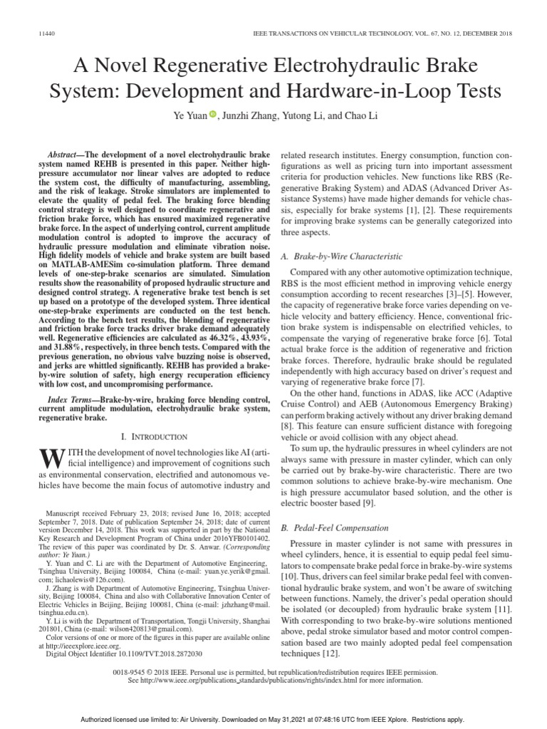 A Novel Regenerative Electrohydraulic Brake System: Development and ... A Novel Regenerative Electrohydraulic Brake System: Development and ...