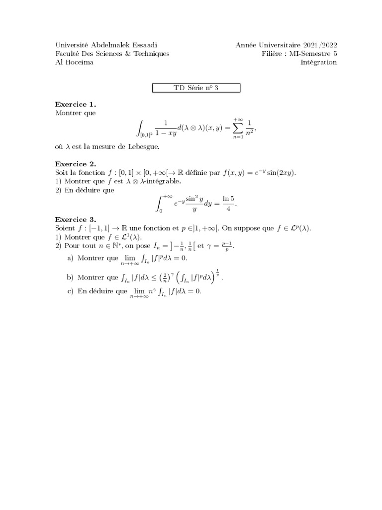 Correction TD 3 Intégration | PDF | Analyse mathématique | Mathématiques