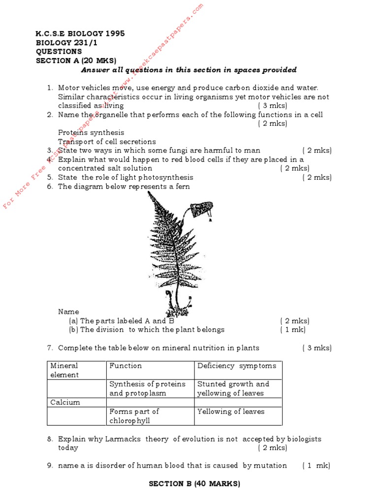 Kcse 1995 Biology Questions | PDF | Biology | Flowers