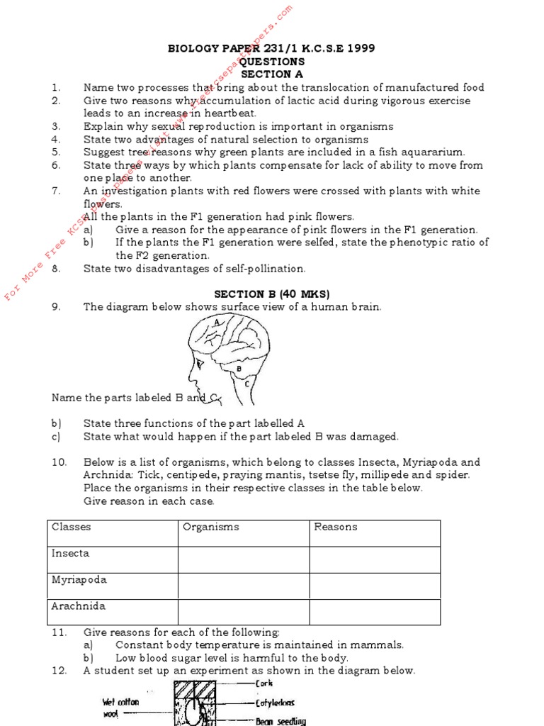Kcse 1999 Biology Questions | PDF