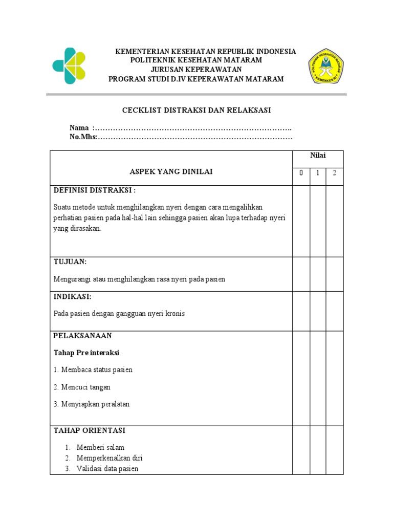Ceklist Distraksi Dan Relaksasi | PDF