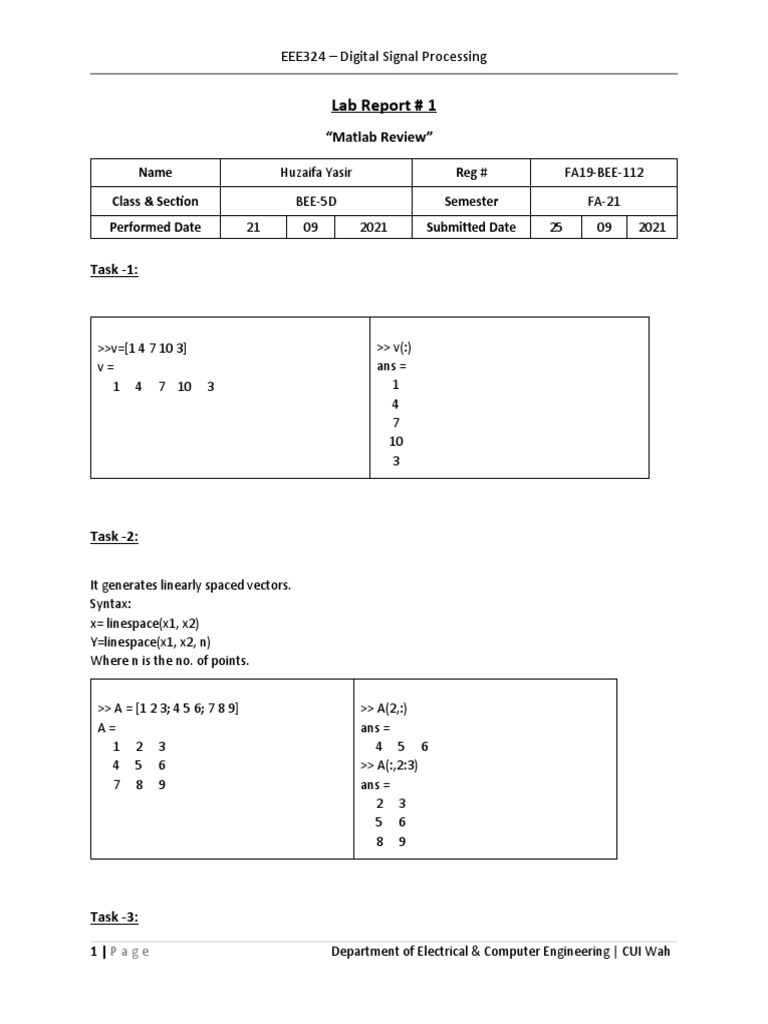 Lab Report 1 (DSP) Huzaifa Yasir FA19-BEE-112 | PDF | Digital Signal Processing | Matlab