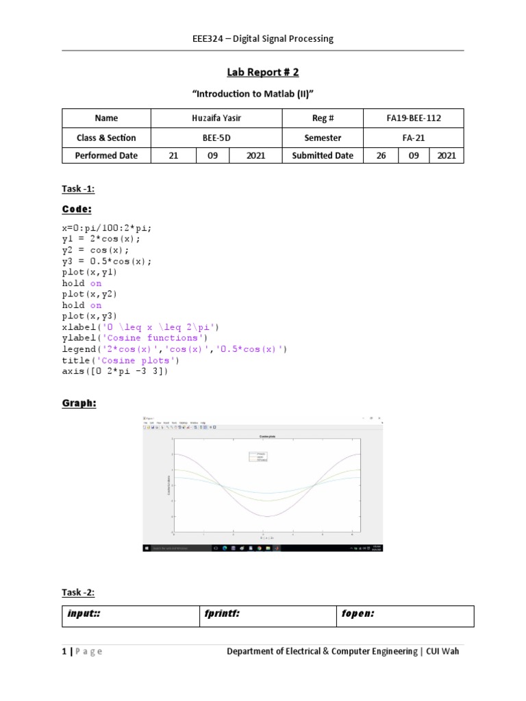 Lab Report 2 (DSP) Huzaifa Yasir FA19-BEE-112 | PDF