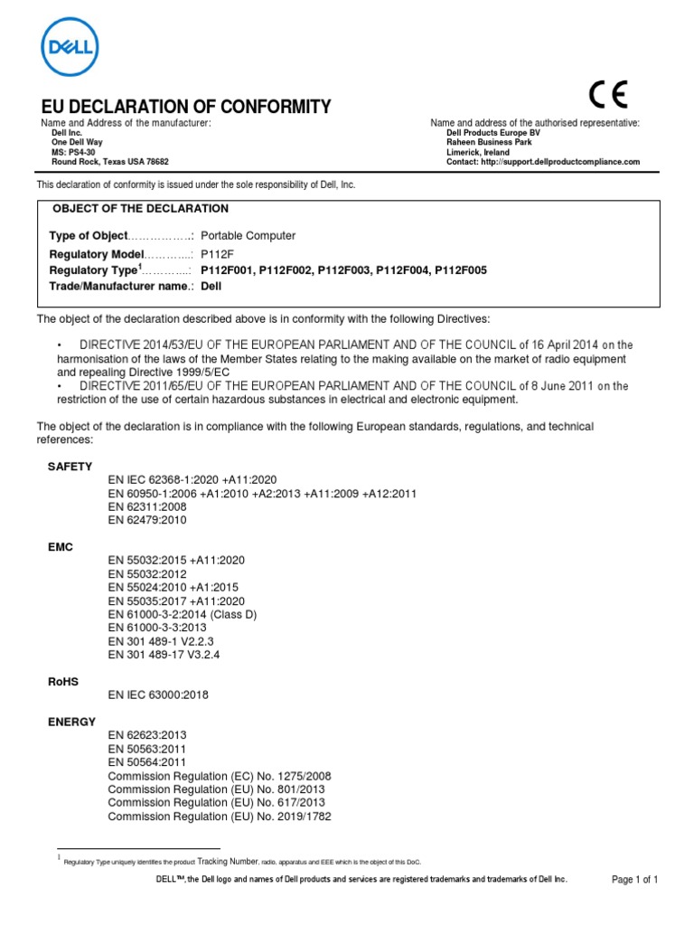 Dell Vostro 15 3510 p112f p112f003 European Union - Declaration of ...