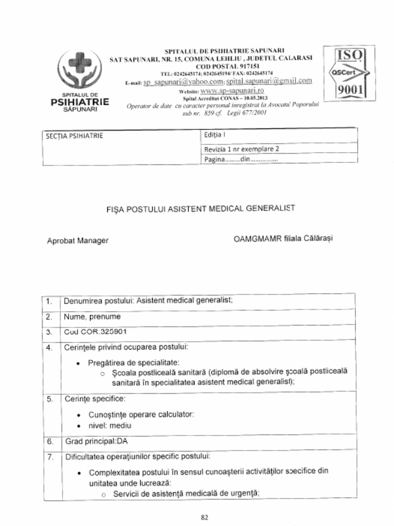 Fisa Postului Asistent Medical Generalist | PDF
